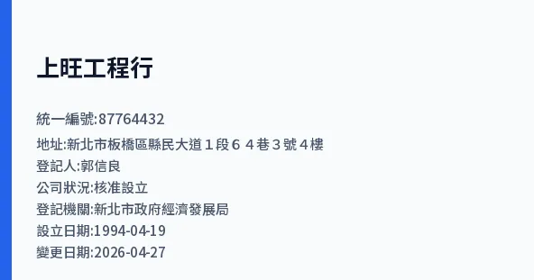 上旺工程行的照片-統編 87764432(新北市) 公司登記資料與營業項目詳細圖表