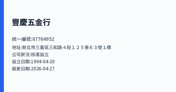 豐慶五金行的照片-統編 87764952(新北市) 公司登記資料與營業項目詳細圖表