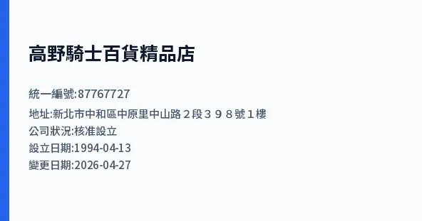 高野騎士百貨精品店的照片-統編 87767727(新北市) 公司登記資料與營業項目詳細圖表