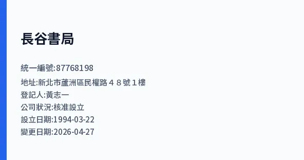 長谷書局的照片-統編 87768198(新北市) 公司登記資料與營業項目詳細圖表