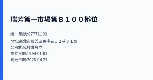 瑞芳第一市場第B100攤位的照片-統編 87771102(新北市) 公司登記資料與營業項目詳細圖表