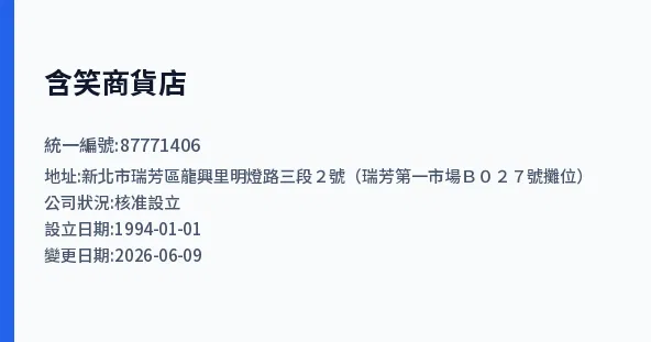 含笑商貨店的照片-統編 87771406(新北市) 公司登記資料與營業項目詳細圖表