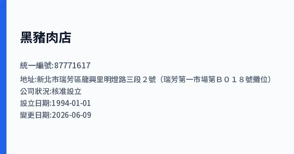 黑豬肉店的照片-統編 87771617(新北市) 公司登記資料與營業項目詳細圖表