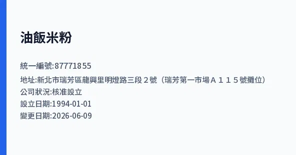 油飯米粉的照片-統編 87771855(新北市) 公司登記資料與營業項目詳細圖表