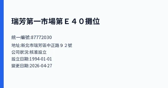 瑞芳第一市場第E40攤位的照片-統編 87772030(新北市) 公司登記資料與營業項目詳細圖表