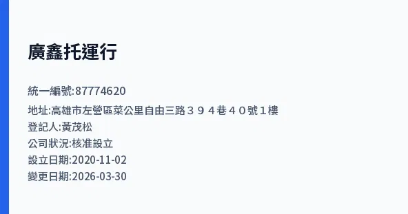 廣鑫托運行的照片-統編 87774620(高雄市) 公司登記資料與營業項目詳細圖表