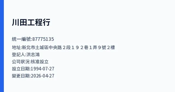 川田工程行的照片-統編 87775135(新北市) 公司登記資料與營業項目詳細圖表