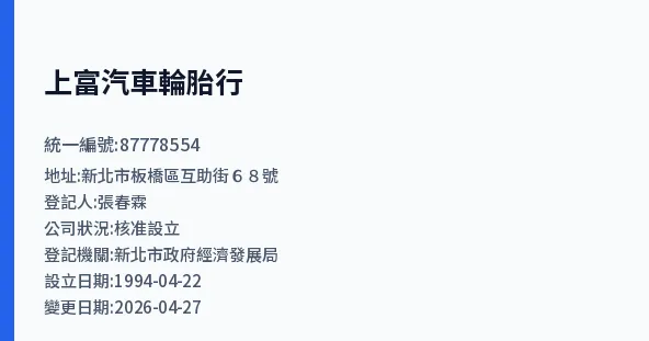 上富汽車輪胎行的照片-統編 87778554(新北市) 公司登記資料與營業項目詳細圖表