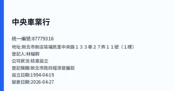 中央車業行的照片-統編 87779316(新北市) 公司登記資料與營業項目詳細圖表