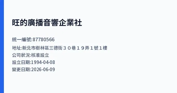 旺的廣播音響企業社的照片-統編 87780566(新北市) 公司登記資料與營業項目詳細圖表