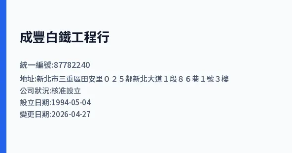 成豐白鐵工程行的照片-統編 87782240(新北市) 公司登記資料與營業項目詳細圖表