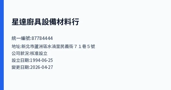 星達廚具設備材料行的照片-統編 87784444(新北市) 公司登記資料與營業項目詳細圖表