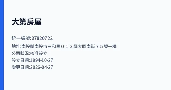 大第房屋的照片-統編 87820722(南投縣) 公司登記資料與營業項目詳細圖表