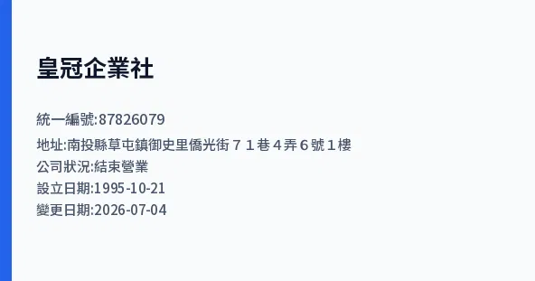 皇冠企業社的照片-統編 87826079(南投縣) 公司登記資料與營業項目詳細圖表