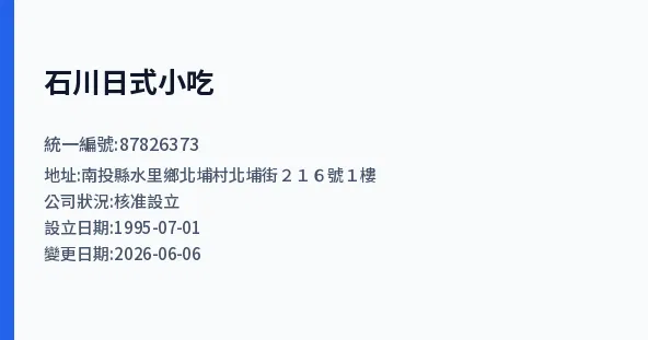 石川日式小吃的照片-統編 87826373(南投縣) 公司登記資料與營業項目詳細圖表