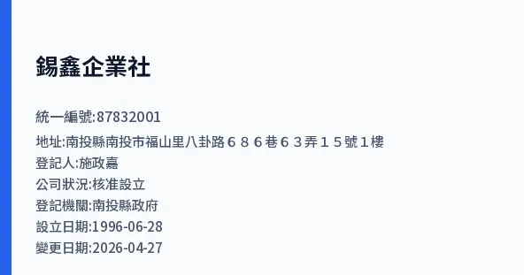 錫鑫企業社的照片-統編 87832001(南投縣) 公司登記資料與營業項目詳細圖表