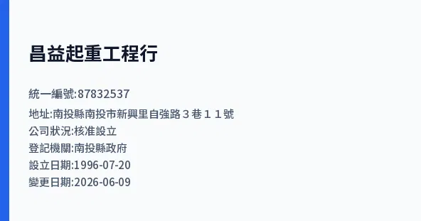 昌益起重工程行的照片-統編 87832537(南投縣) 公司登記資料與營業項目詳細圖表