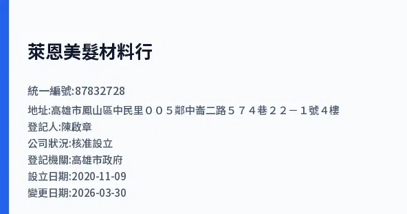 萊恩美髮材料行的照片-統編 87832728(高雄市) 公司登記資料與營業項目詳細圖表