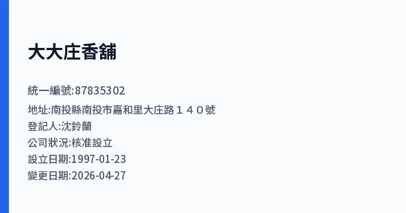 大大庄香舖的照片-統編 87835302(南投縣) 公司登記資料與營業項目詳細圖表