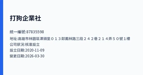 打狗企業社的照片-統編 87835598(高雄市) 公司登記資料與營業項目詳細圖表