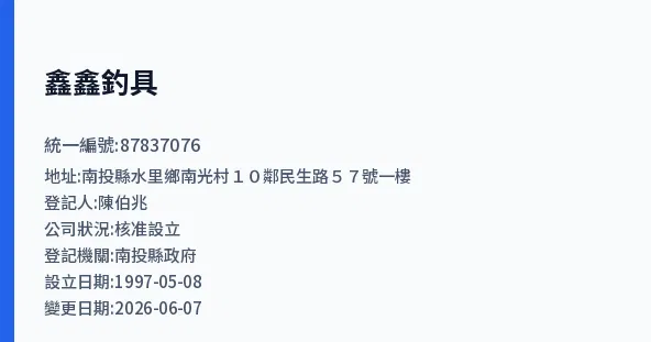 鑫鑫釣具的照片-統編 87837076(南投縣) 公司登記資料與營業項目詳細圖表