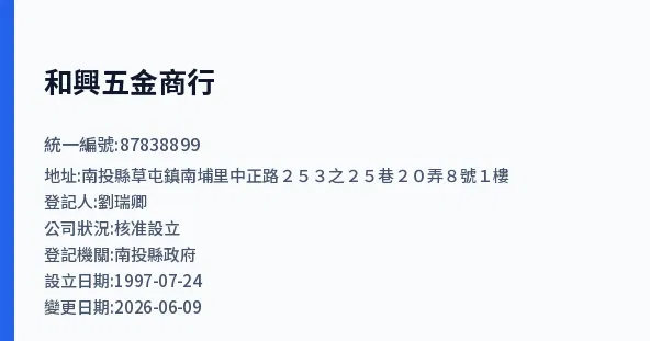 和興五金商行的照片-統編 87838899(南投縣) 公司登記資料與營業項目詳細圖表