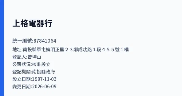 上格電器行的照片-統編 87841064(南投縣) 公司登記資料與營業項目詳細圖表