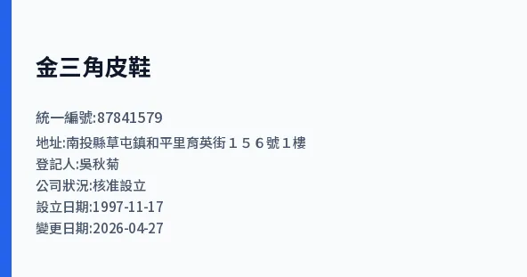 金三角皮鞋的照片-統編 87841579(南投縣) 公司登記資料與營業項目詳細圖表