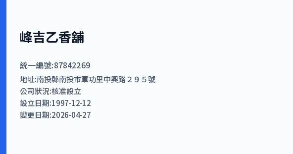 峰吉乙香舖的照片-統編 87842269(南投縣) 公司登記資料與營業項目詳細圖表