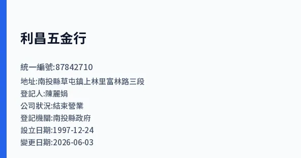 利昌五金行的照片-統編 87842710(南投縣) 公司登記資料與營業項目詳細圖表