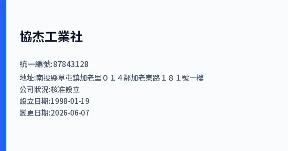 協杰工業社的照片-統編 87843128(南投縣) 公司登記資料與營業項目詳細圖表