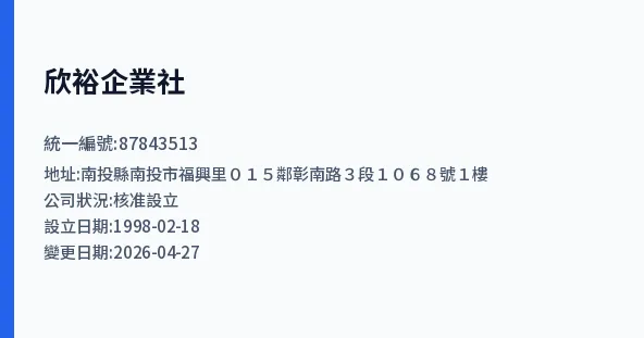 欣裕企業社的照片-統編 87843513(南投縣) 公司登記資料與營業項目詳細圖表
