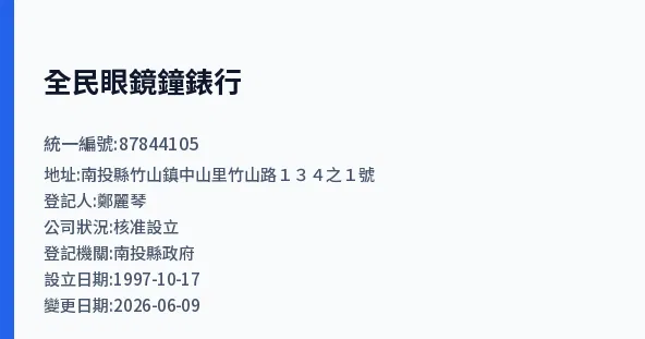 全民眼鏡鐘錶行的照片-統編 87844105(南投縣) 公司登記資料與營業項目詳細圖表