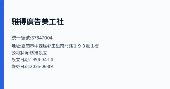 雅得廣告美工社的照片-統編 87847004(臺南市) 公司登記資料與營業項目詳細圖表