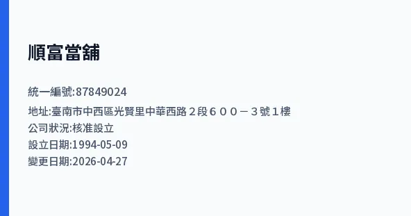順富當舖的照片-統編 87849024(臺南市) 公司登記資料與營業項目詳細圖表
