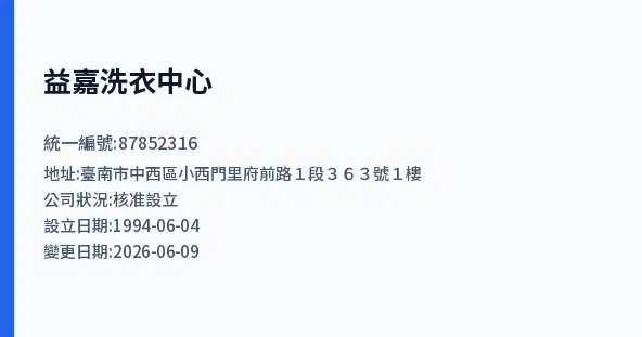 益嘉洗衣中心的照片-統編 87852316(臺南市) 公司登記資料與營業項目詳細圖表