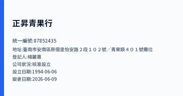 正昇青果行的照片-統編 87852435(臺南市) 公司登記資料與營業項目詳細圖表