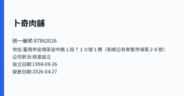 卜奇肉舖的照片-統編 87862026(臺南市) 公司登記資料與營業項目詳細圖表