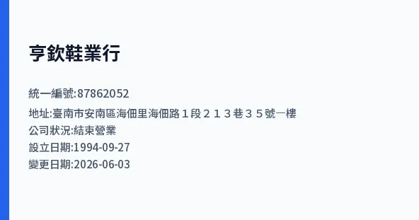 亨欽鞋業行的照片-統編 87862052(臺南市) 公司登記資料與營業項目詳細圖表