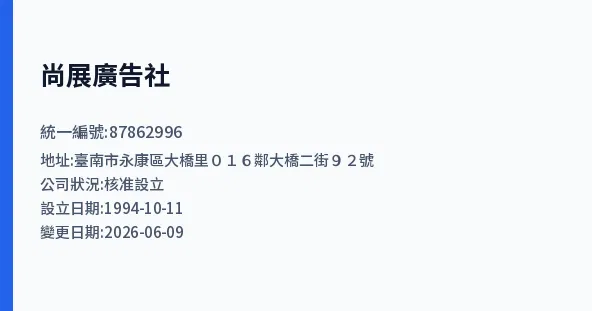 尚展廣告社的照片-統編 87862996(臺南市) 公司登記資料與營業項目詳細圖表