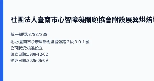 社團法人臺南市心智障礙關顧協會附設展翼烘焙坊的照片-統編 87887238(臺南市) 公司登記資料與營業項目詳細圖表