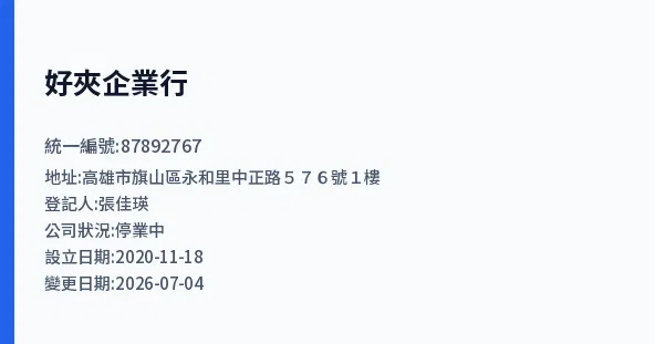 好夾企業行的照片-統編 87892767(高雄市) 公司登記資料與營業項目詳細圖表