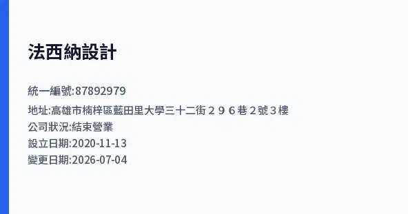 法西納設計的照片-統編 87892979(高雄市) 公司登記資料與營業項目詳細圖表