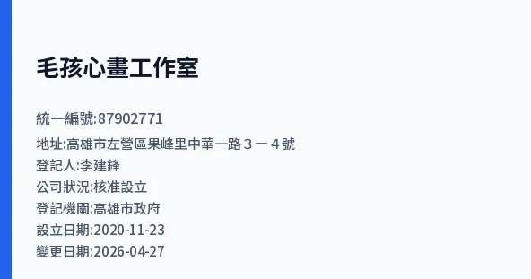 毛孩心畫工作室的照片-統編 87902771(高雄市) 公司登記資料與營業項目詳細圖表