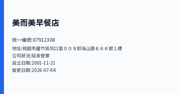 美而美早餐店的照片-統編 87912308(桃園市) 公司登記資料與營業項目詳細圖表
