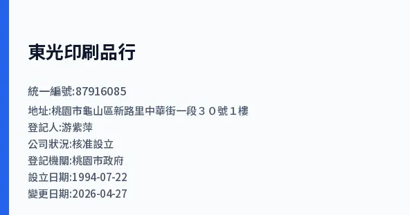 東光印刷品行的照片-統編 87916085(桃園市) 公司登記資料與營業項目詳細圖表