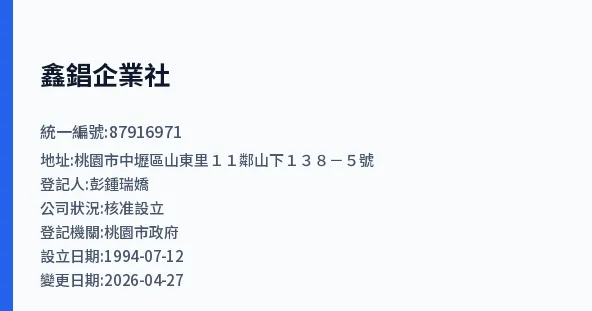 鑫錩企業社的照片-統編 87916971(桃園市) 公司登記資料與營業項目詳細圖表