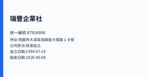 瑞豐企業社的照片-統編 87916986(桃園市) 公司登記資料與營業項目詳細圖表