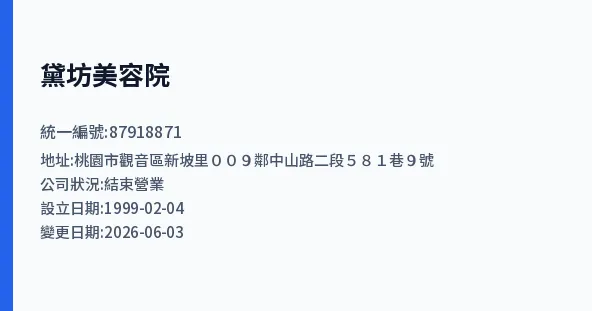 黛坊美容院的照片-統編 87918871(桃園市) 公司登記資料與營業項目詳細圖表