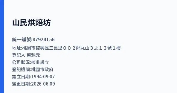 山民烘焙坊的照片-統編 87924156(桃園市) 公司登記資料與營業項目詳細圖表